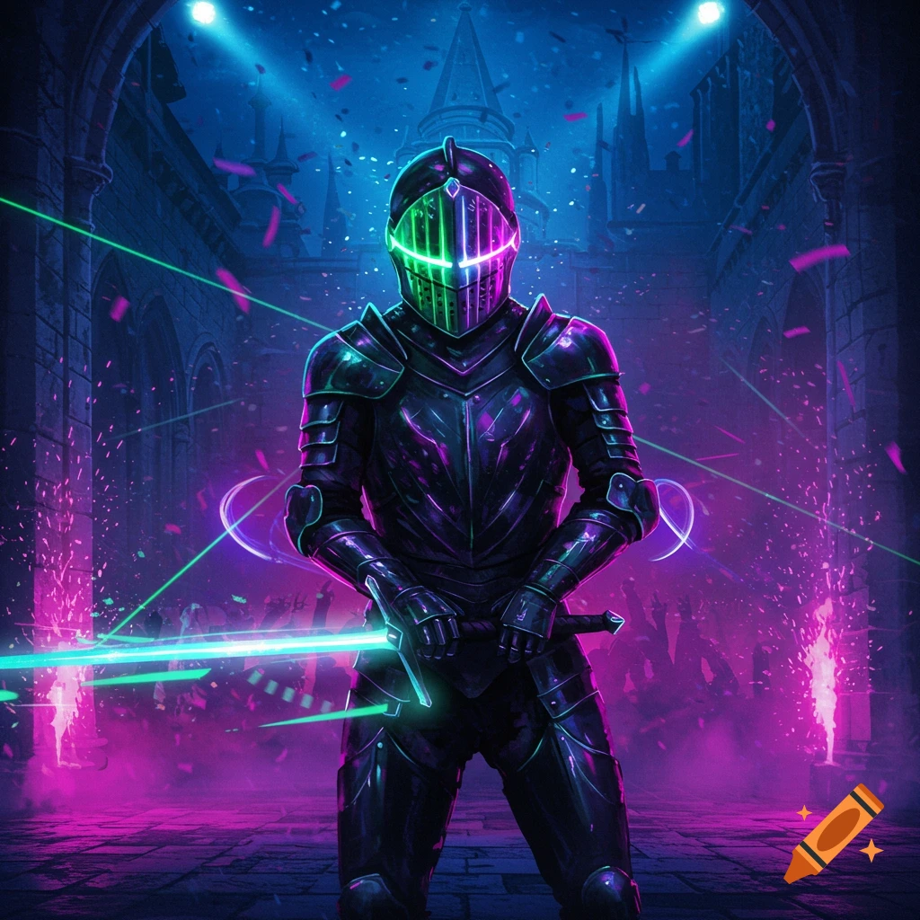 A dark knight in glowing green and purple armor holds a neon sword in a ...