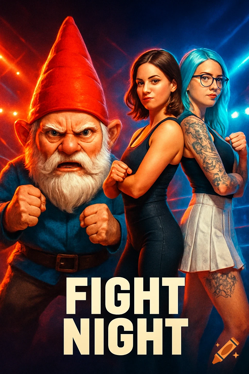 Stylized 'Fight Night' poster with an angry gnome and two women in ...