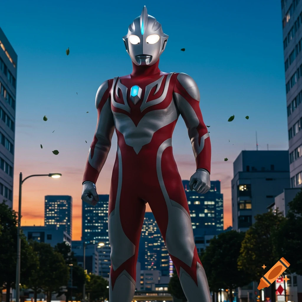 Photorealistic Ultraman Tiga in a red and silver suit stands in a city ...