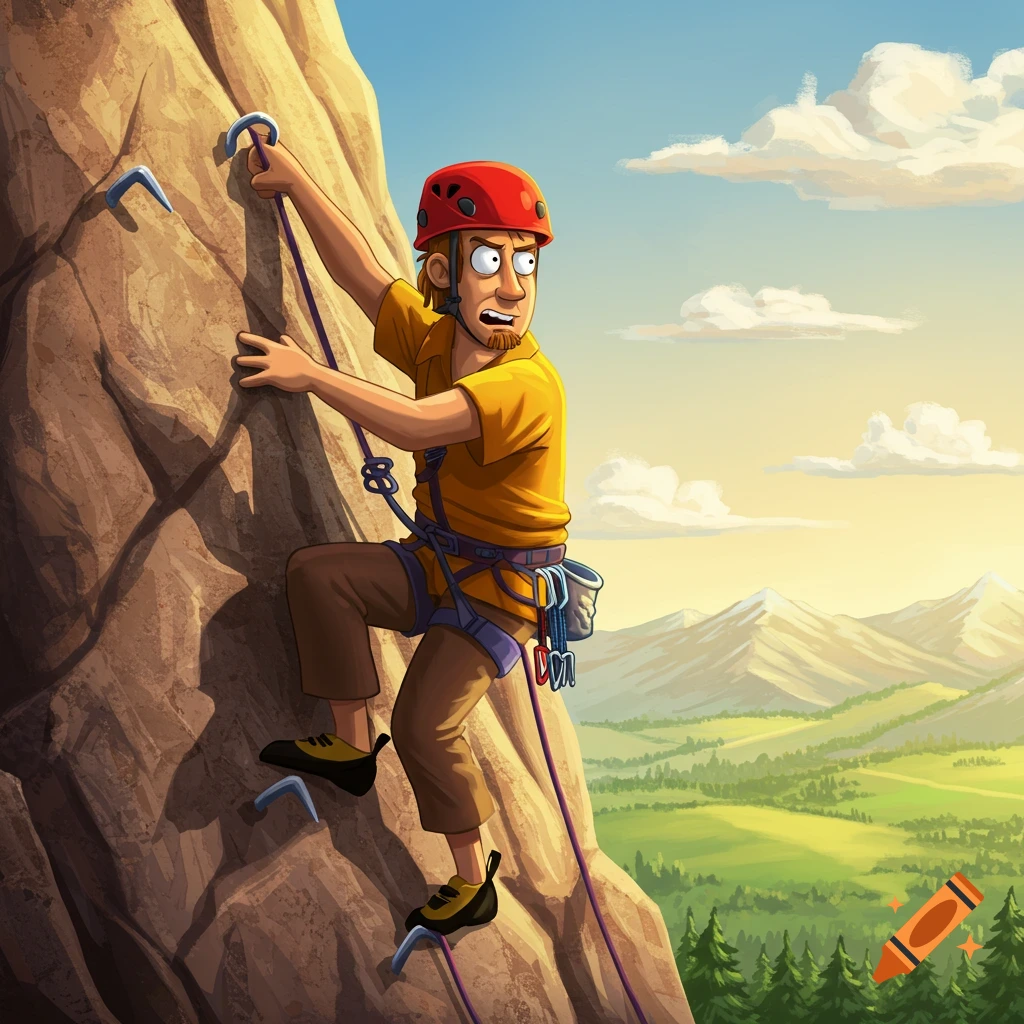 A cartoon man with a red helmet and climbing gear ascends a rocky ...