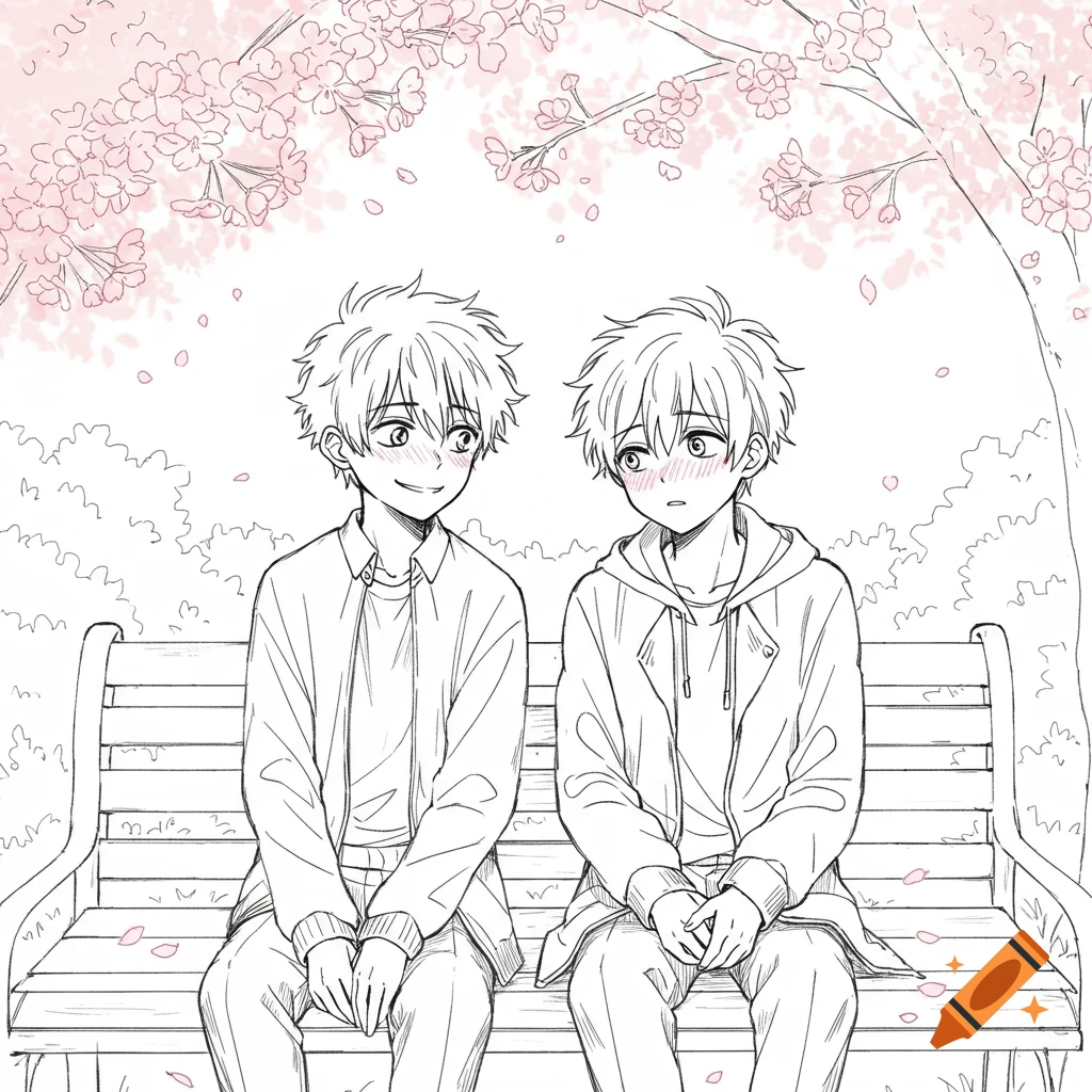 Two anime boys blush while sitting on a park bench under cherry ...