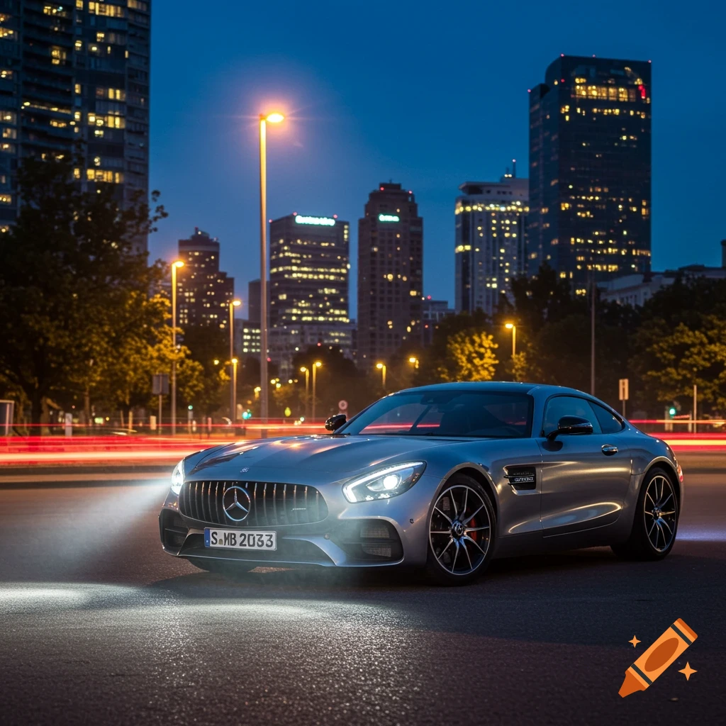 Silver Mercedes-AMG sports car on a city street at night, with ...