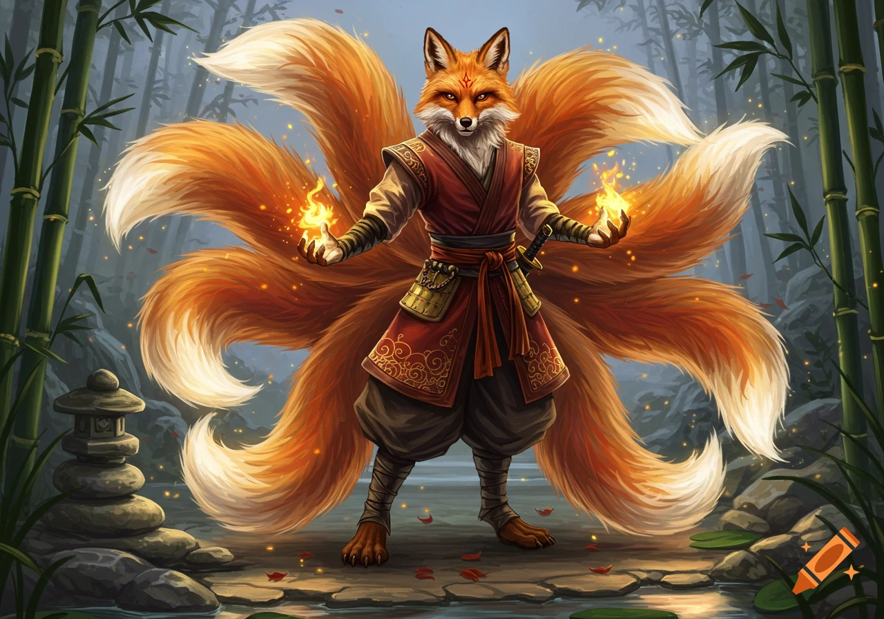 A majestic nine-tailed fox in a red and gold martial arts outfit stands ...