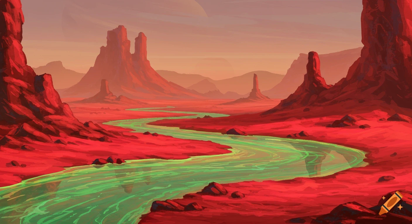 Stylized illustration of a red alien landscape with towering rock ...