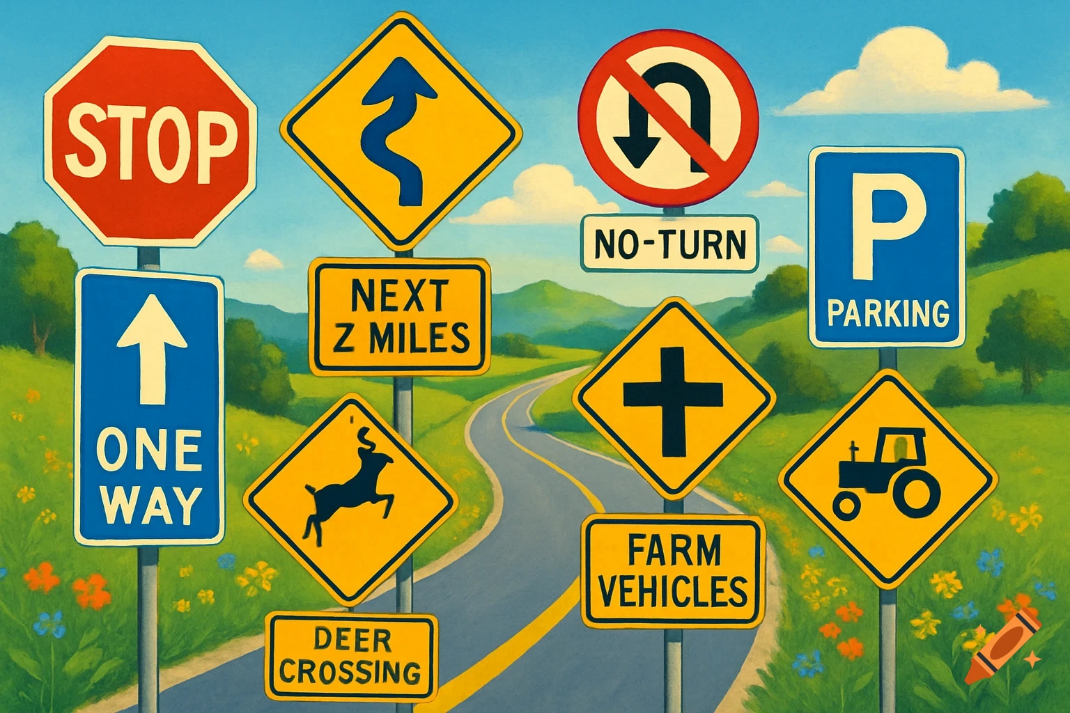 A vibrant red cartoon car with a smiley face drives on a pink road ...