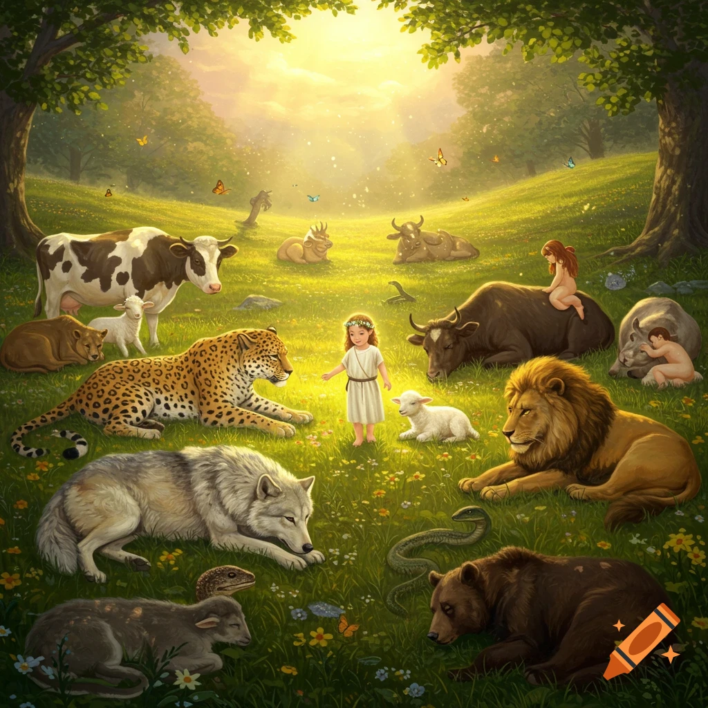 A young child stands in a sunlit grassy field, surrounded by various ...