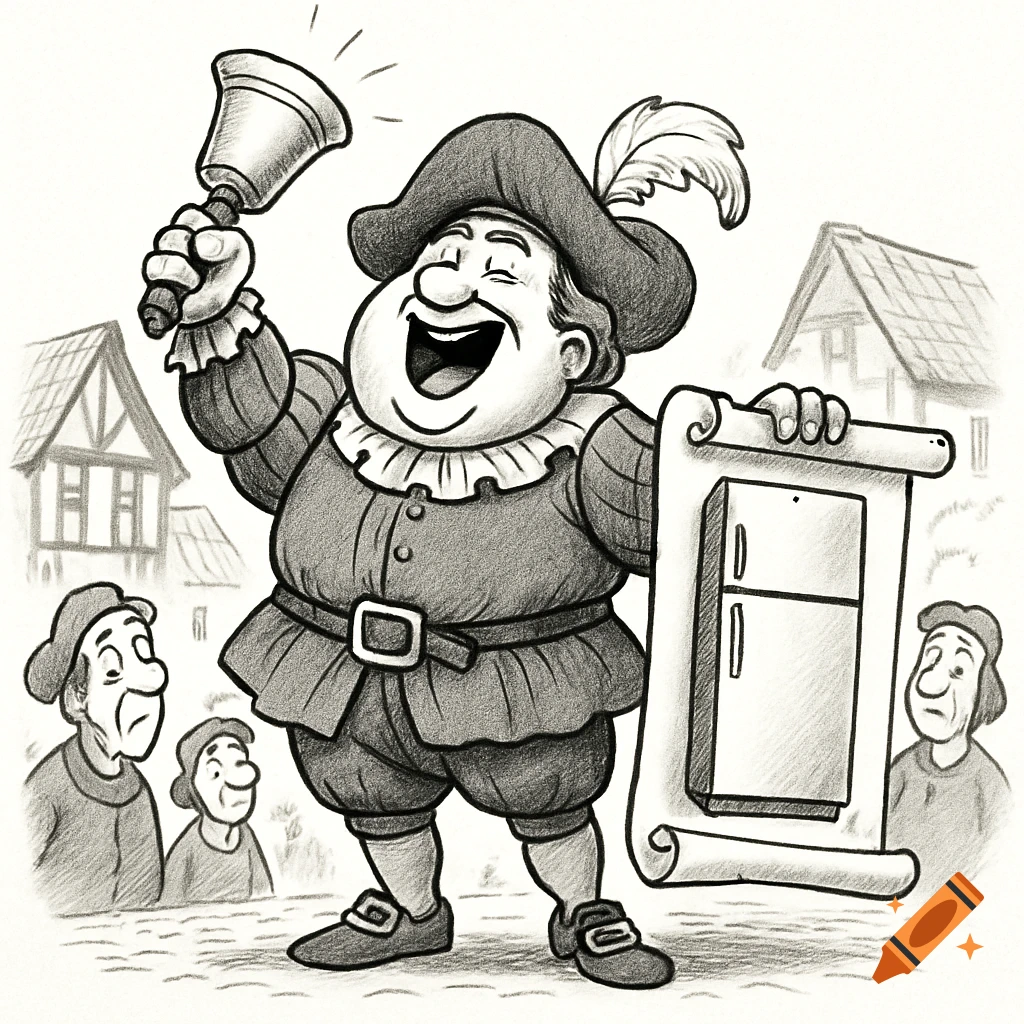 Cartoon medieval town crier rings a bell, holding a scroll with a ...