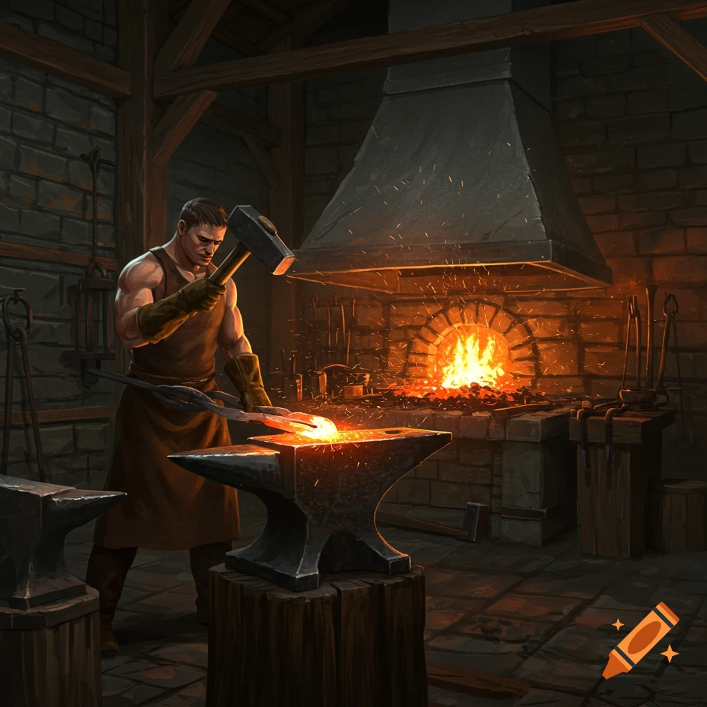 Muscular medieval blacksmith hammering a hot sword on an anvil in a dimly lit forge with a fiery ...