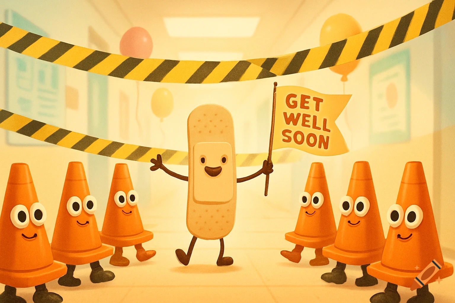 Cartoon band-aid character holding a 'GET WELL SOON' flag, flanked by ...
