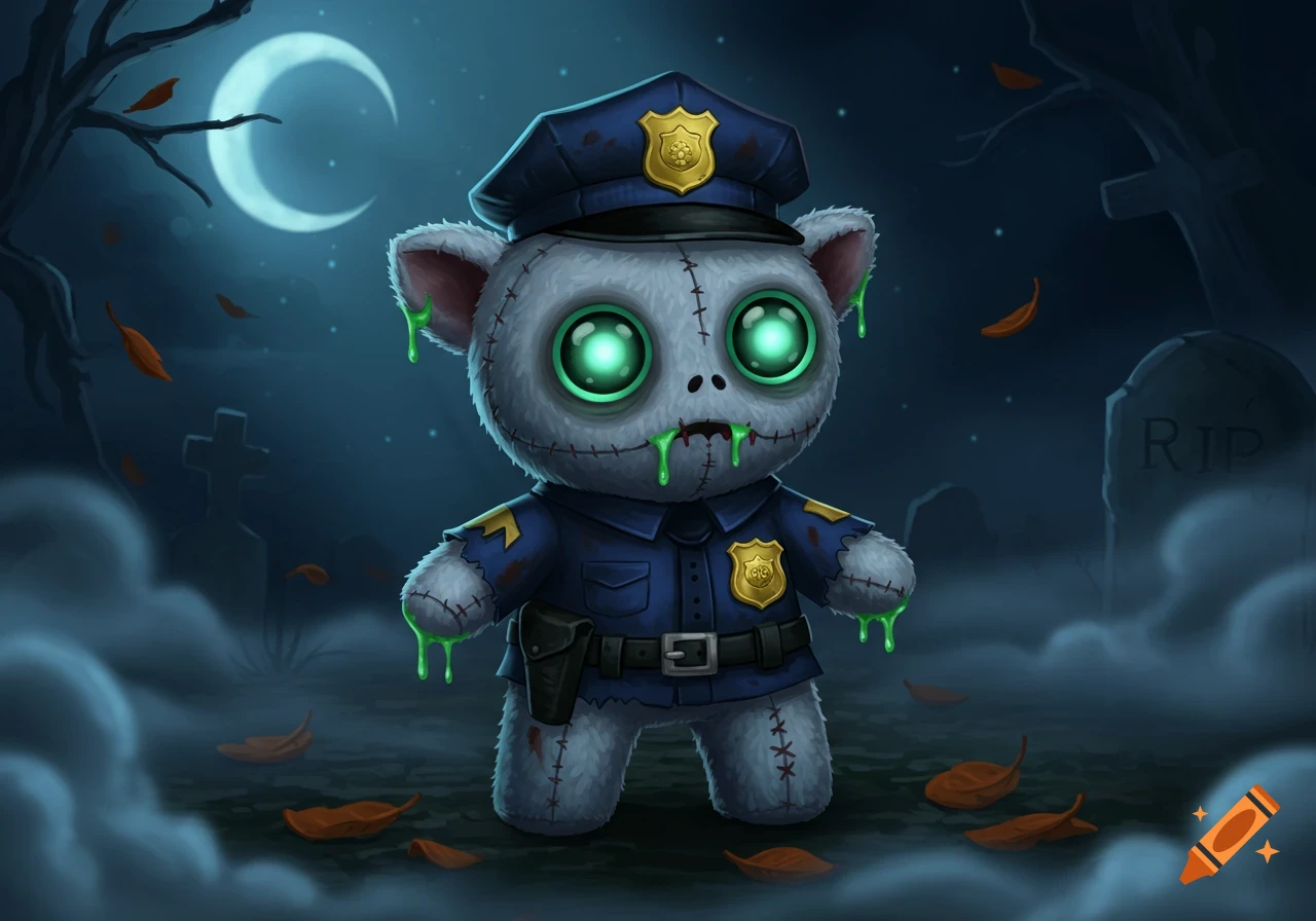 A cute, creepy zombie teddy bear wearing a police uniform stands in a ...