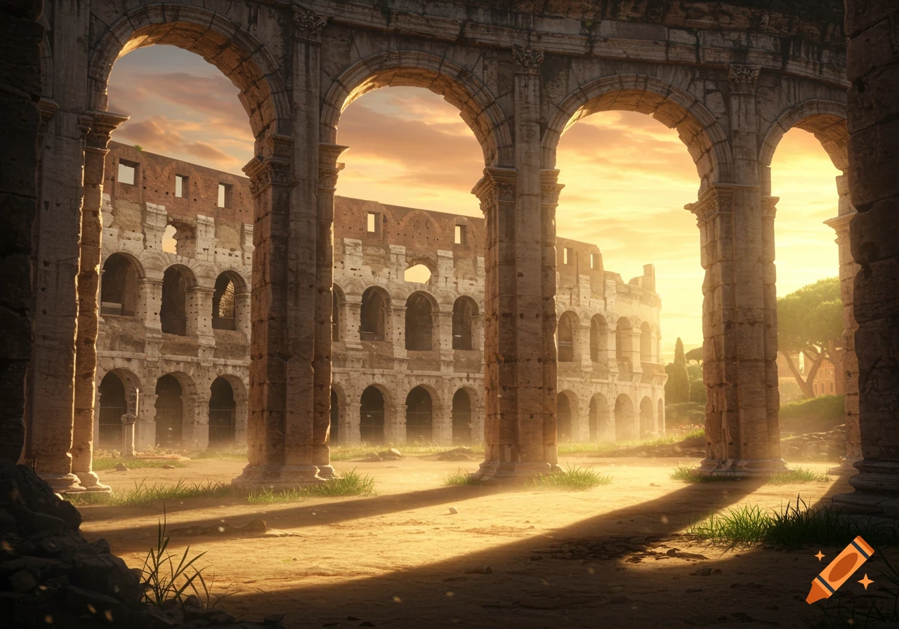 A photorealistic painting of the Roman Colosseum at dusk, with its arches illuminated, and ...