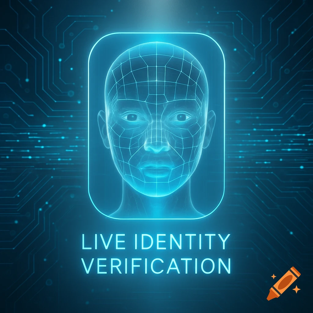 Glowing blue wireframe head in a digital screen icon on a circuit board ...