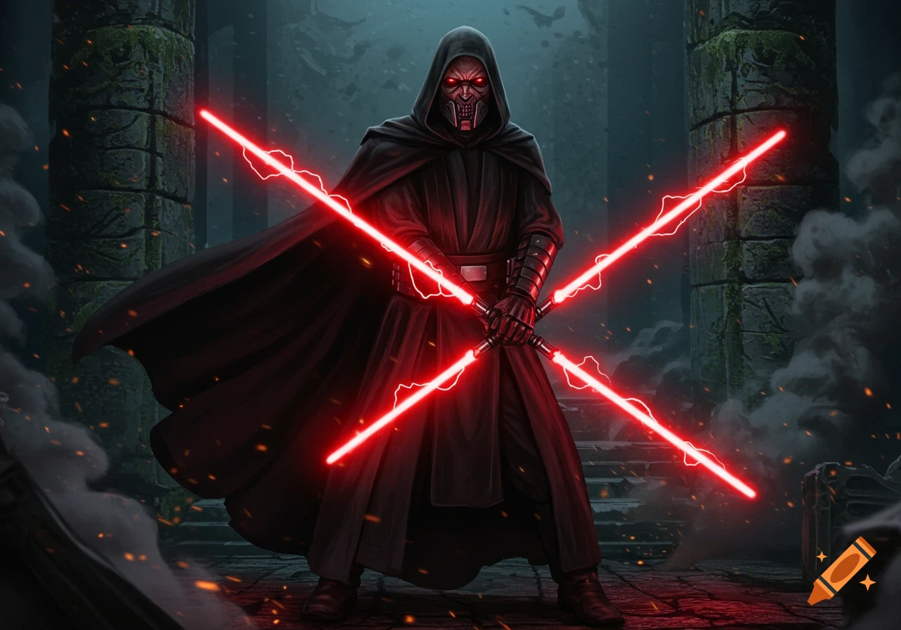 A red-skinned, horned character resembling Darth Maul stands amidst ...