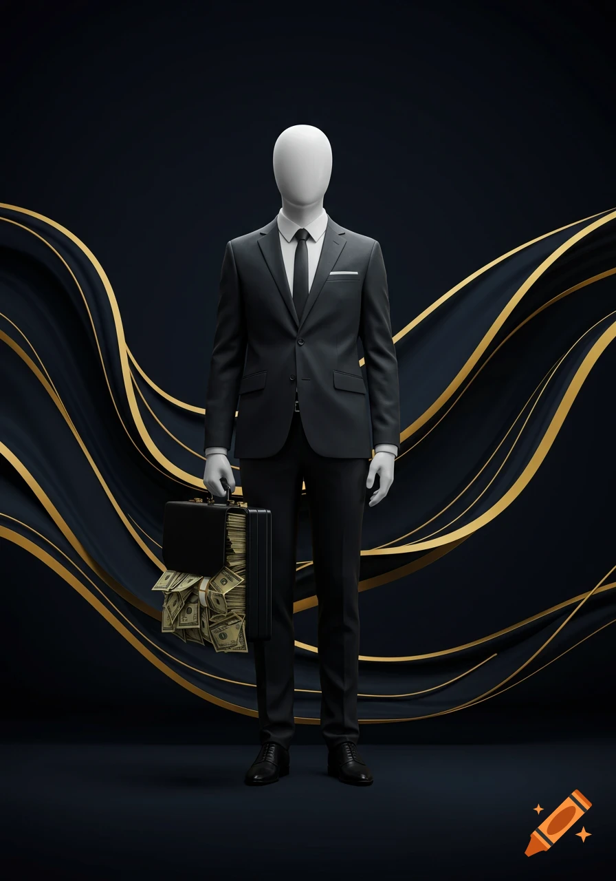 A stern woman in a black business suit stands in a modern, minimalist ...