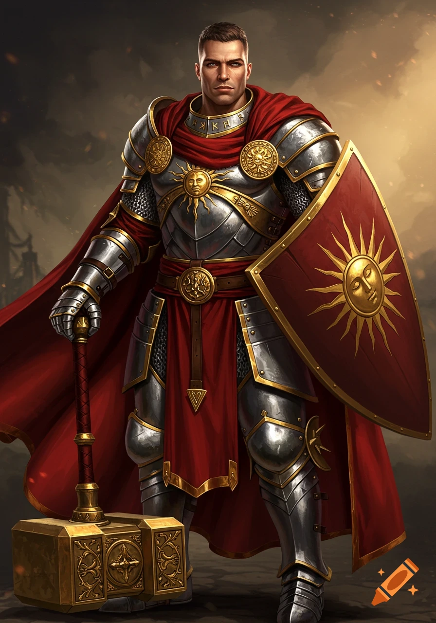 A handsome paladin in ornate silver and gold armor with a red cape and tabard, holding a large ...