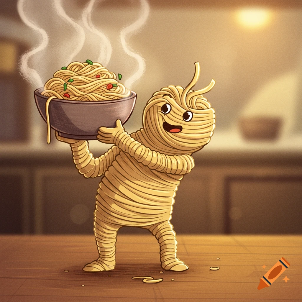A cute, cartoon-style character made of ramen noodles, with a happy ...