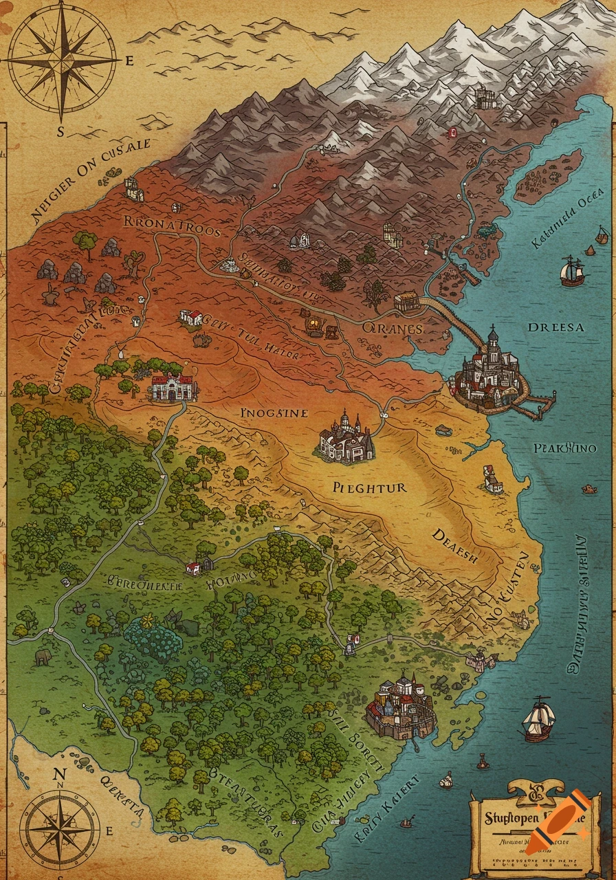 An old, detailed fantasy map with diverse biomes, including snowy ...