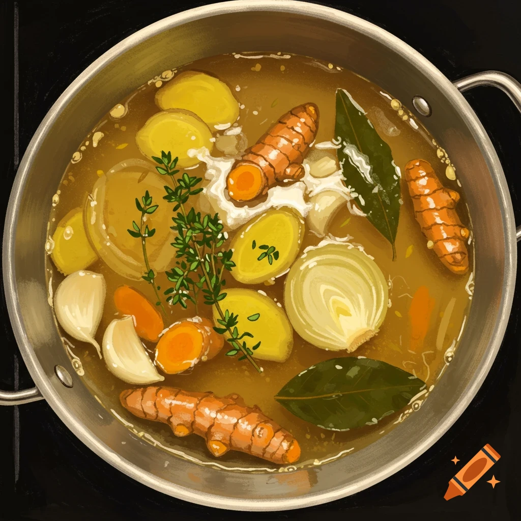 Top-down illustration of a pot of golden broth with ginger, onions ...