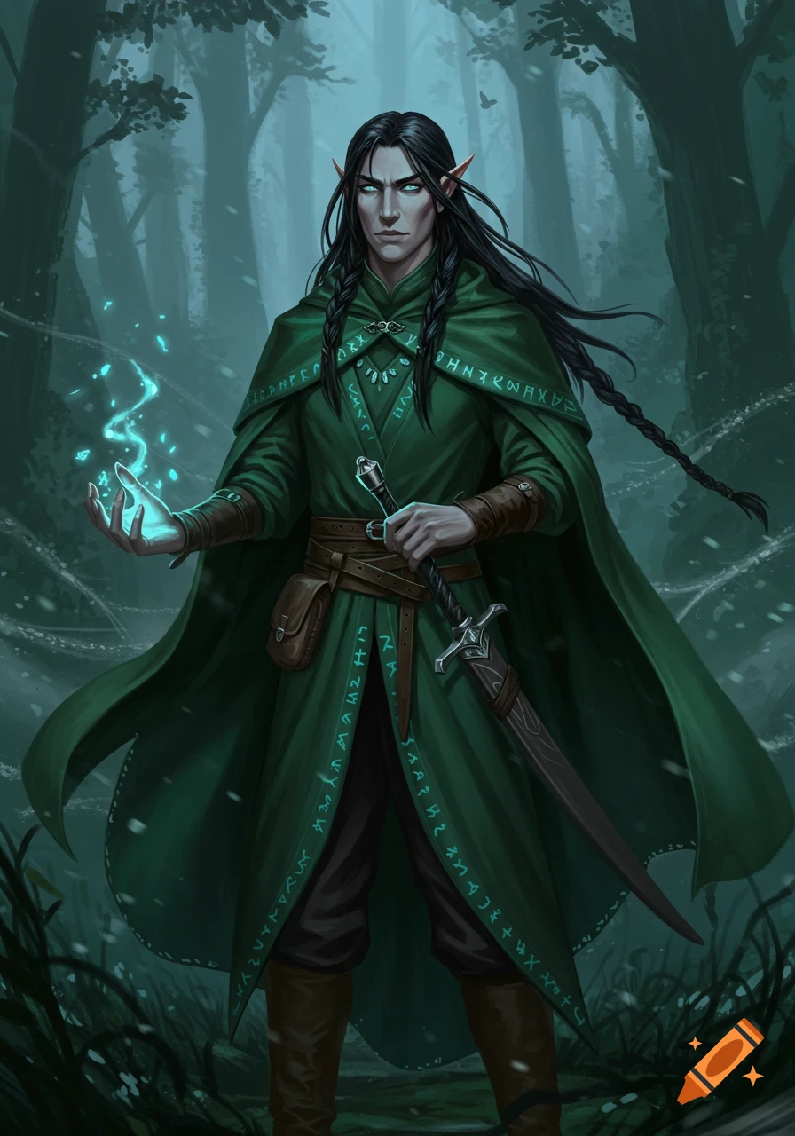 A dark-haired elf in a green cloak with glowing runes, holding a sword ...
