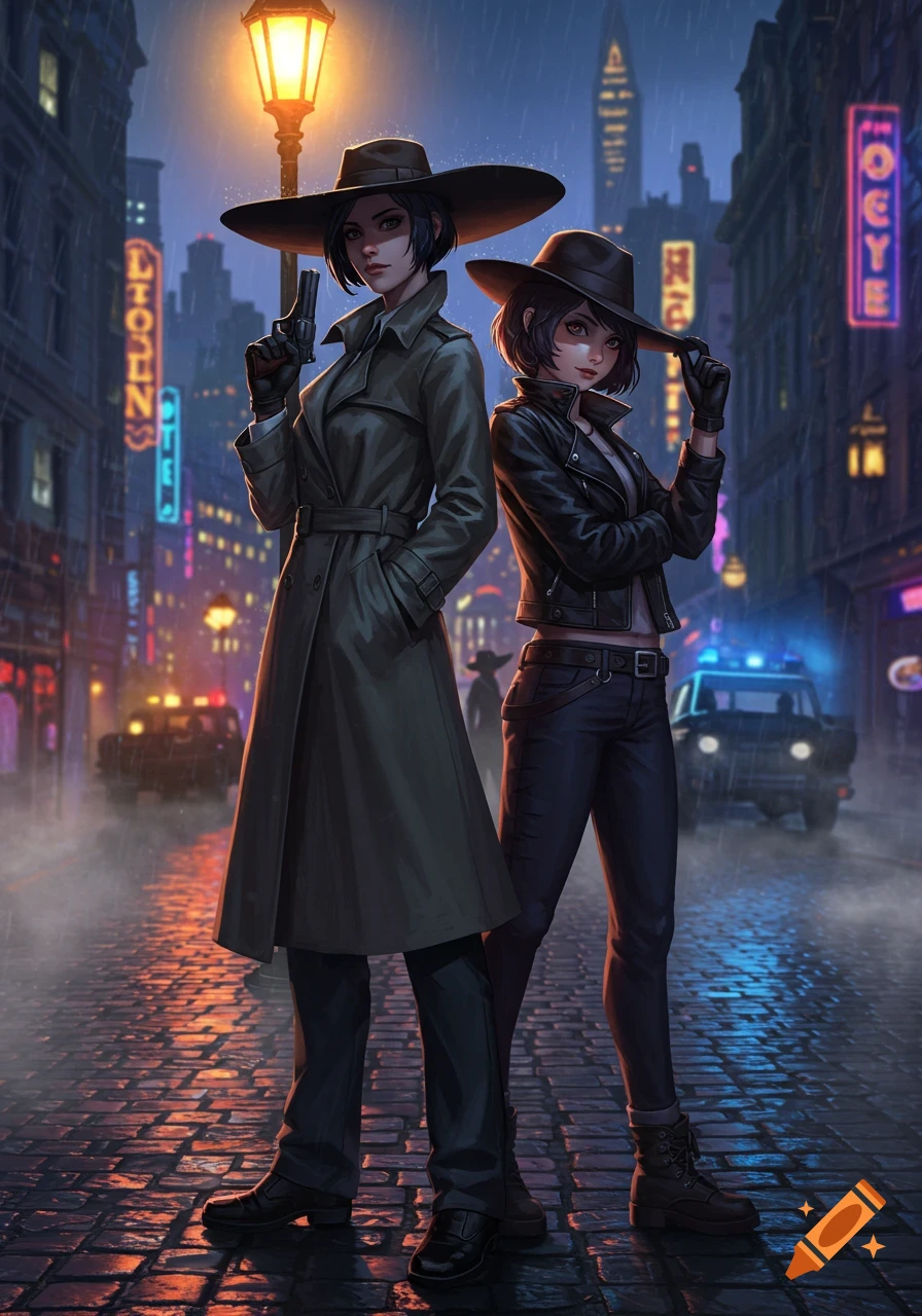 Two women in detective coats and hats stand in a rainy, neon-lit city ...