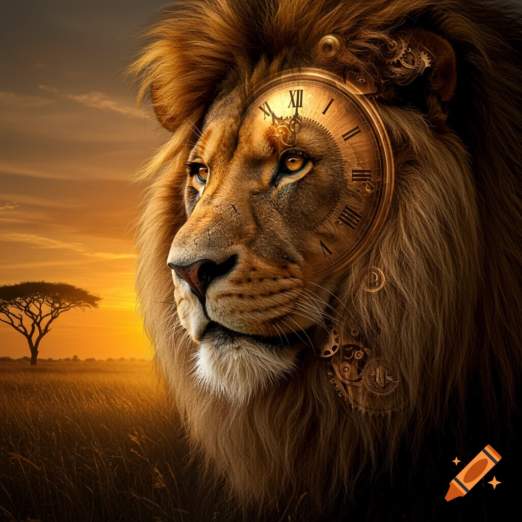 Photorealistic image of a majestic lion with a golden clock face ...