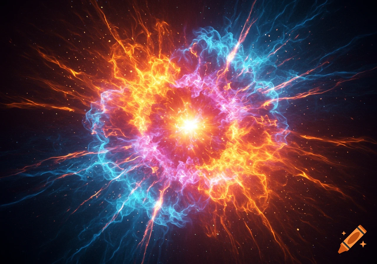A vibrant cosmic explosion or nebula with glowing orange, red, blue ...