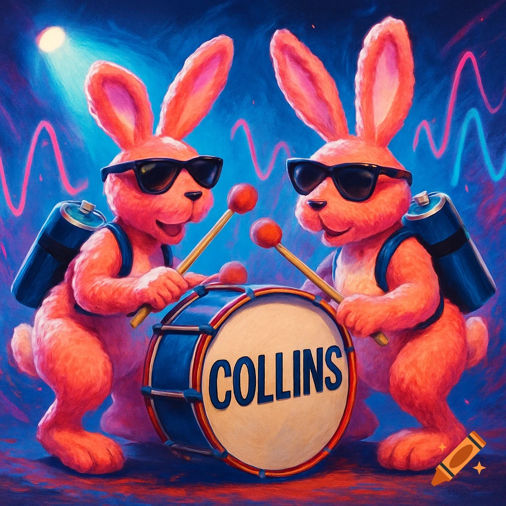Two pink, sunglasses-wearing rabbits with battery backpacks play a drum ...