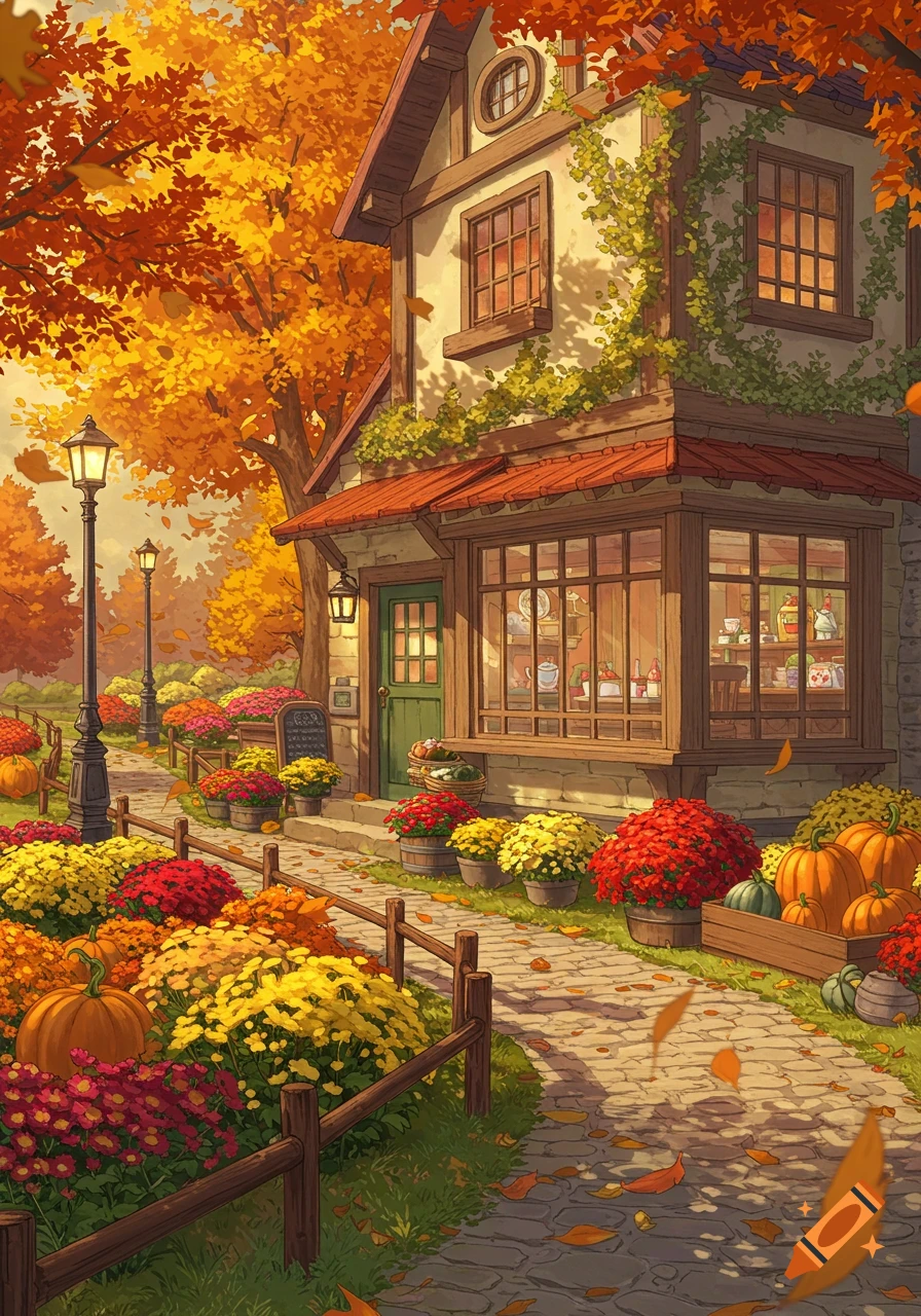 A vibrant Ghibli-style autumn scene featuring a charming cafe, a ...