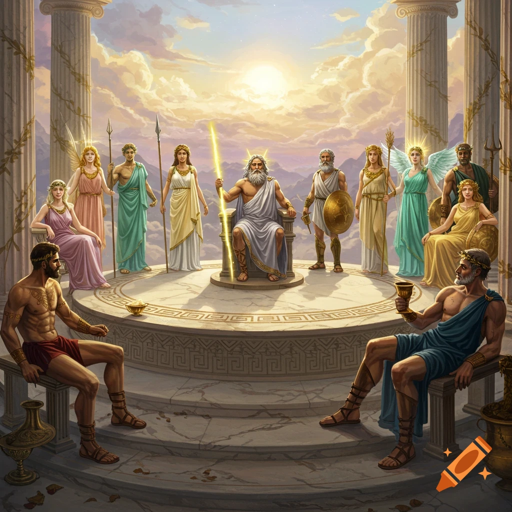 A muscular man wrestles an older philosopher in an ancient Greek temple ...