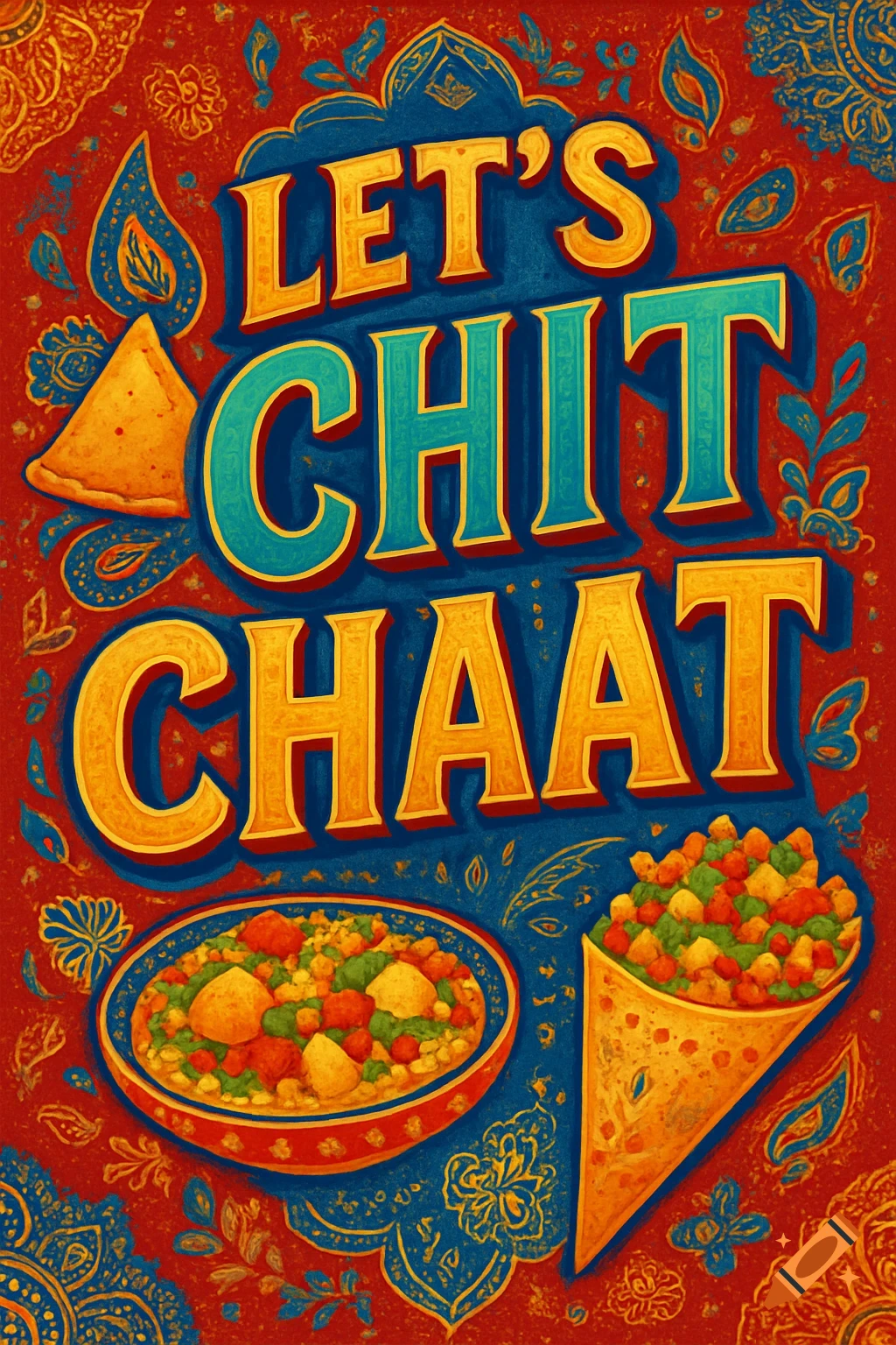 Colorful Indian-inspired poster with 'Let's Chit Chaat' text, featuring a bowl of chaat, a ...