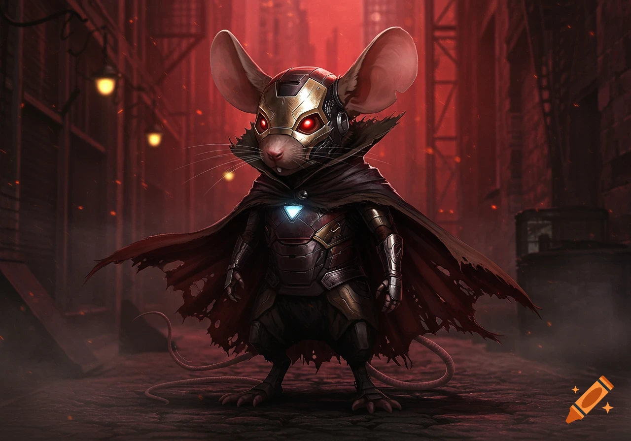 A creepy mouse in an Iron Man-inspired suit with glowing red eyes and a ...