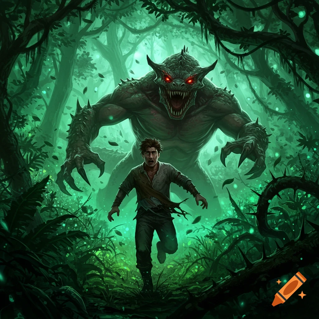 A terrified man runs through a dark, eerie forest, pursued by a ...