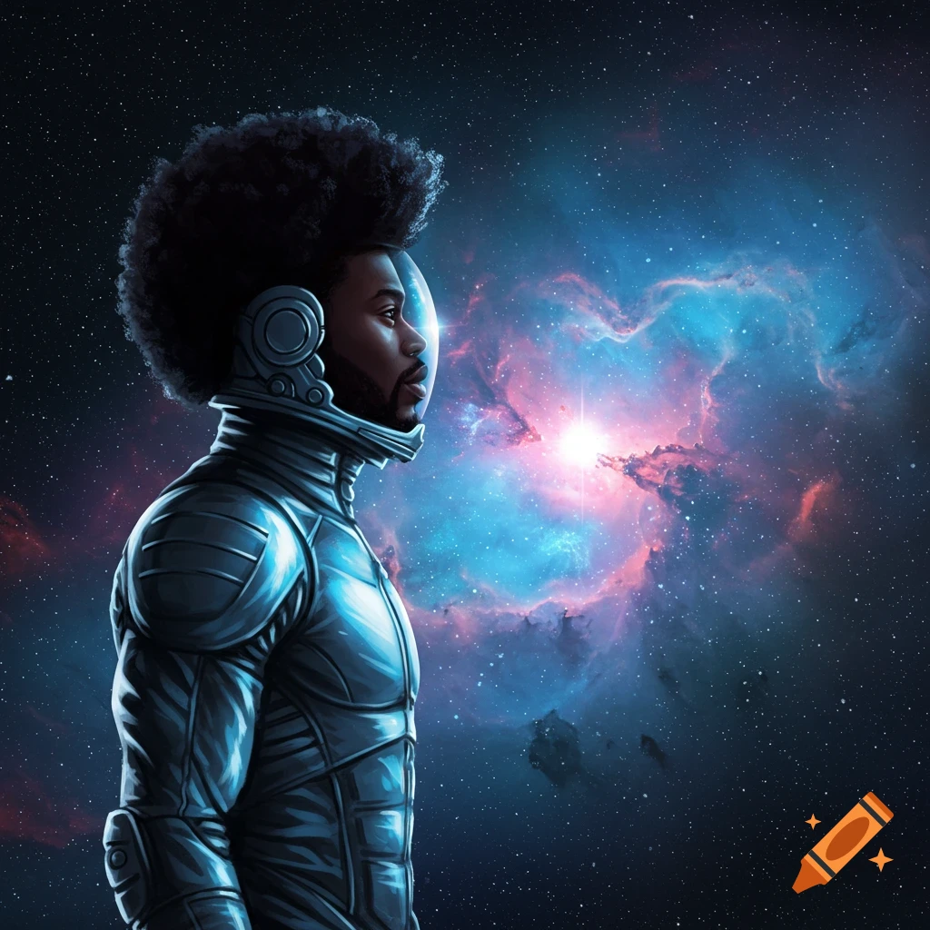 A man with an afro in a futuristic space suit gazes at a vibrant nebula ...