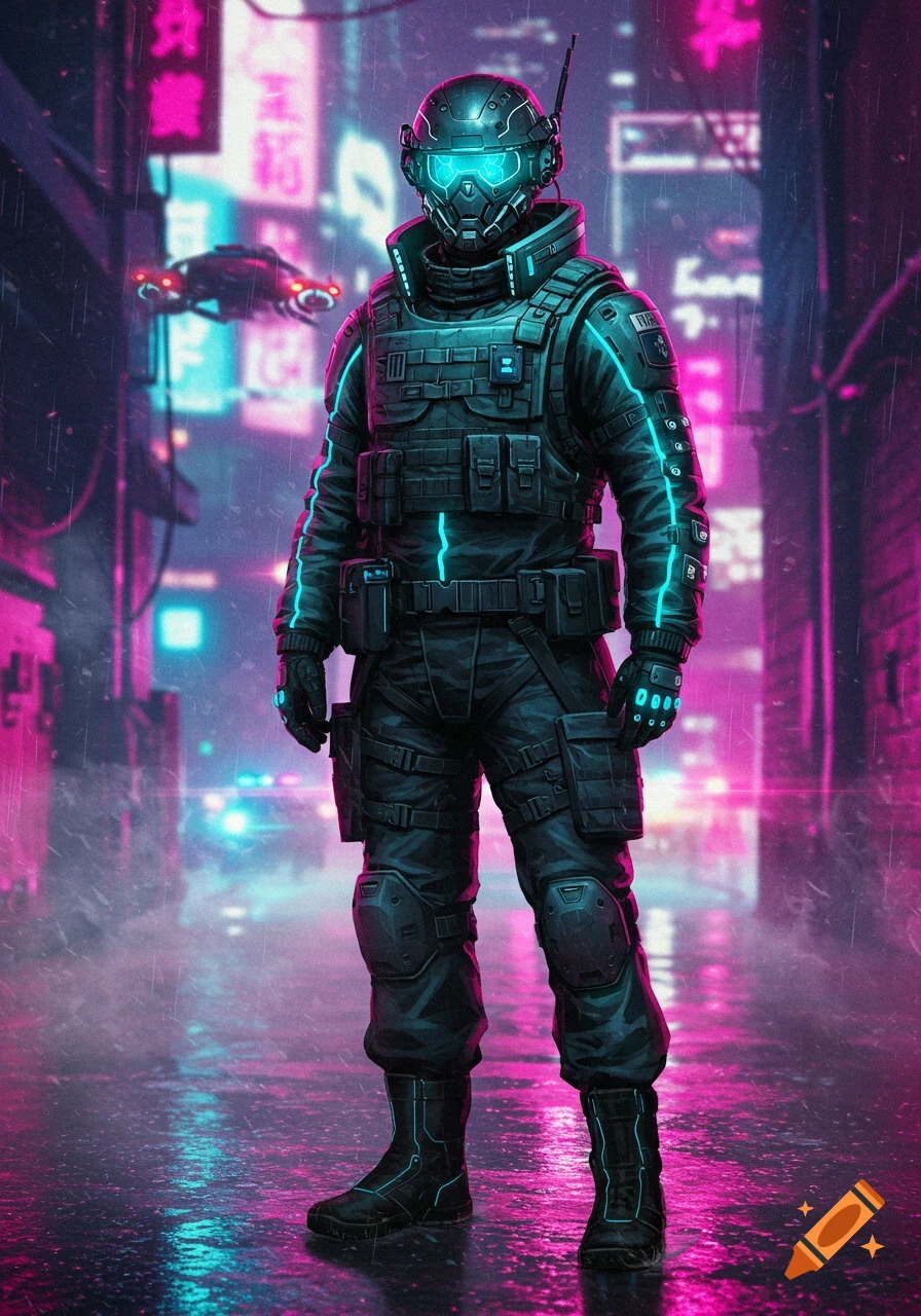 A stylized logo of a hooded character in a gas mask and tactical vest ...