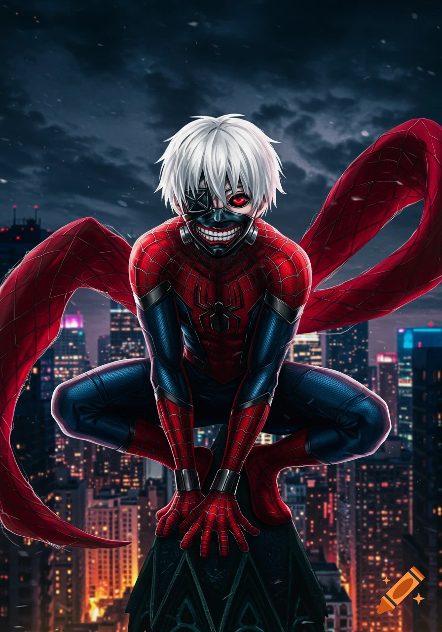 Anime illustration of a Kaneki/Spider-Man fusion character with white ...