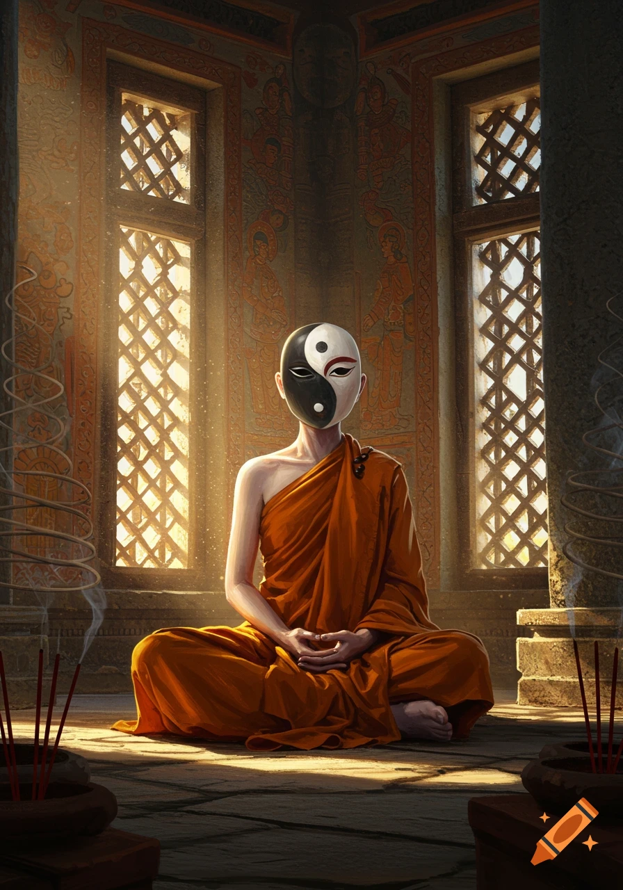 A figure in an orange monk's robe meditates in a sunlit temple, wearing ...