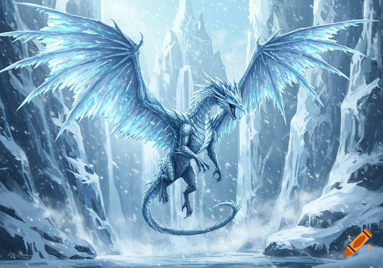 A majestic ice dragon with large, crystalline wings flies over a snowy ...