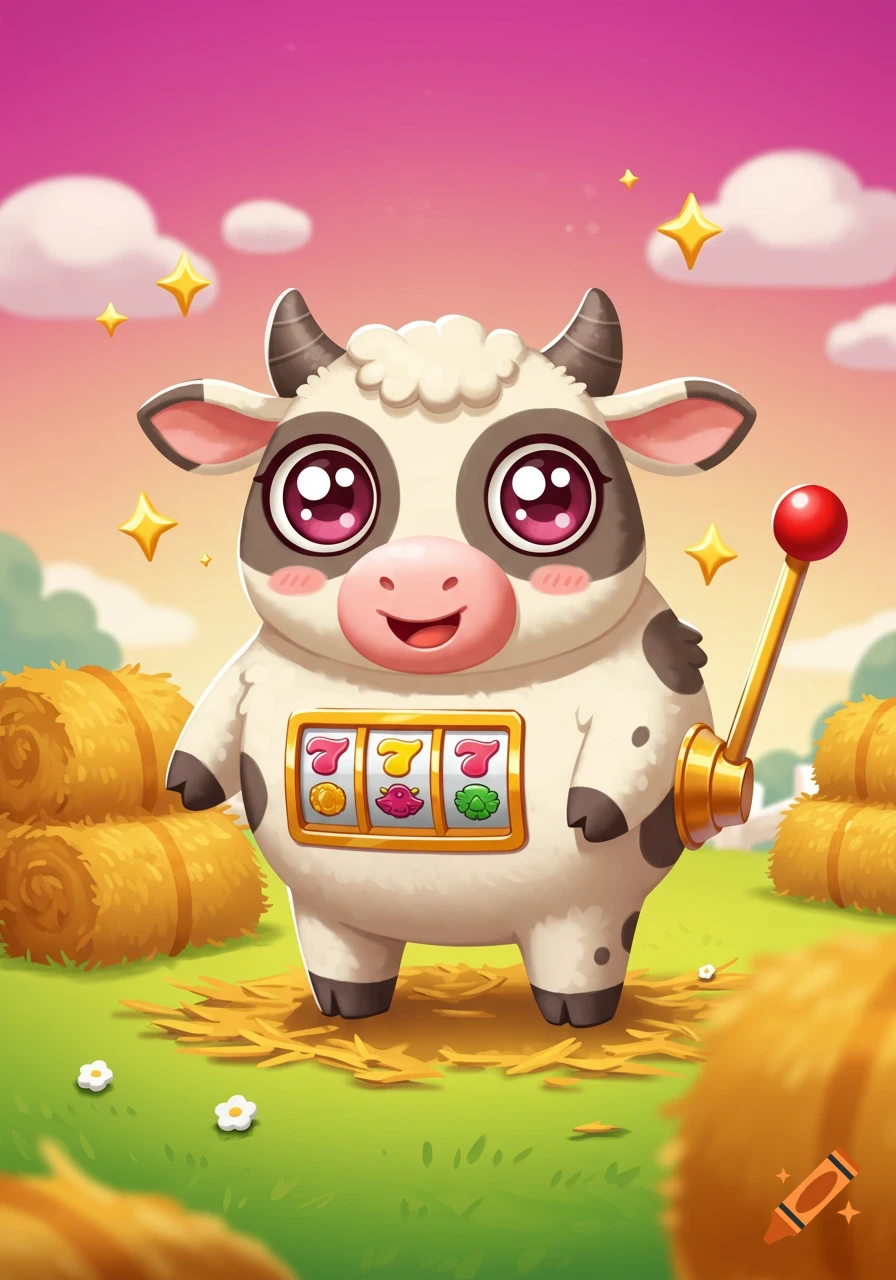 A cute cartoon cow with a slot machine on its belly and a lever ...
