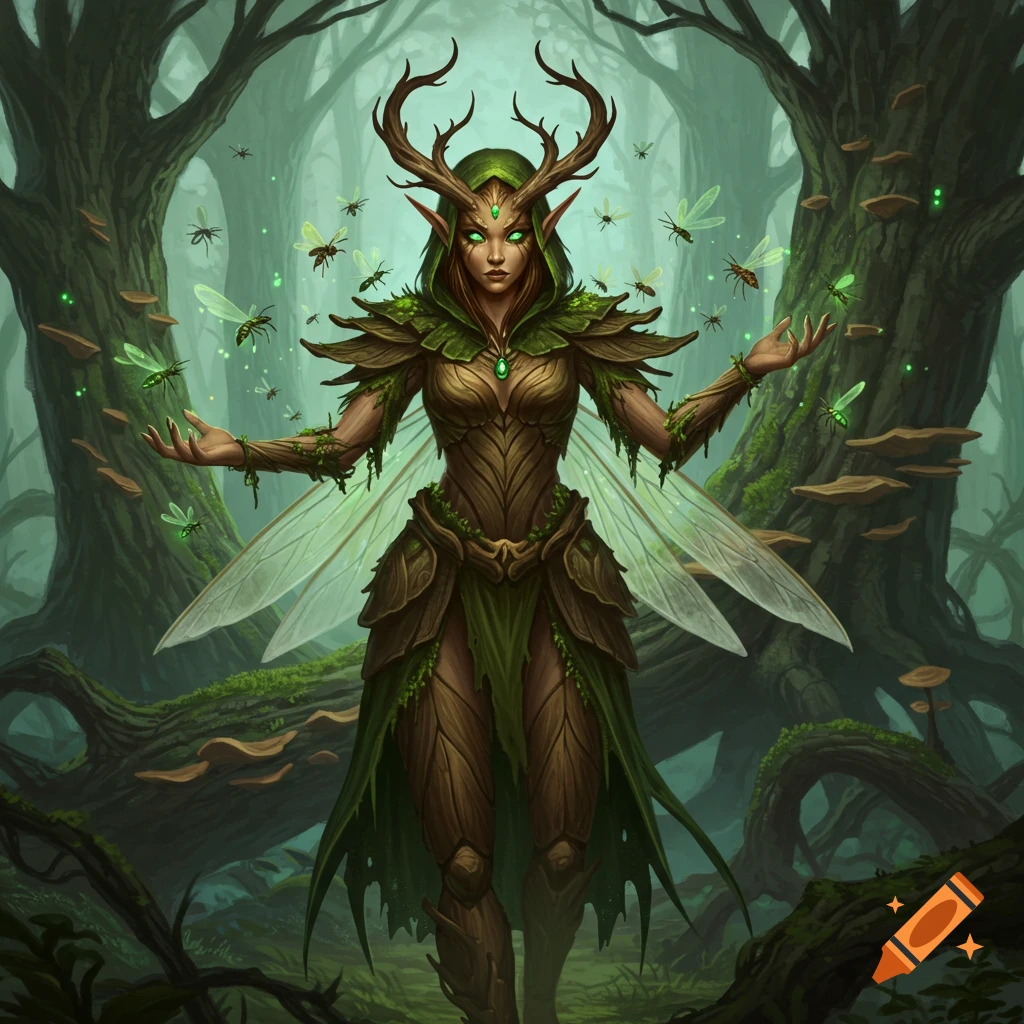 A female wood elf with antlers and purple eyes stands in a sunlit ...