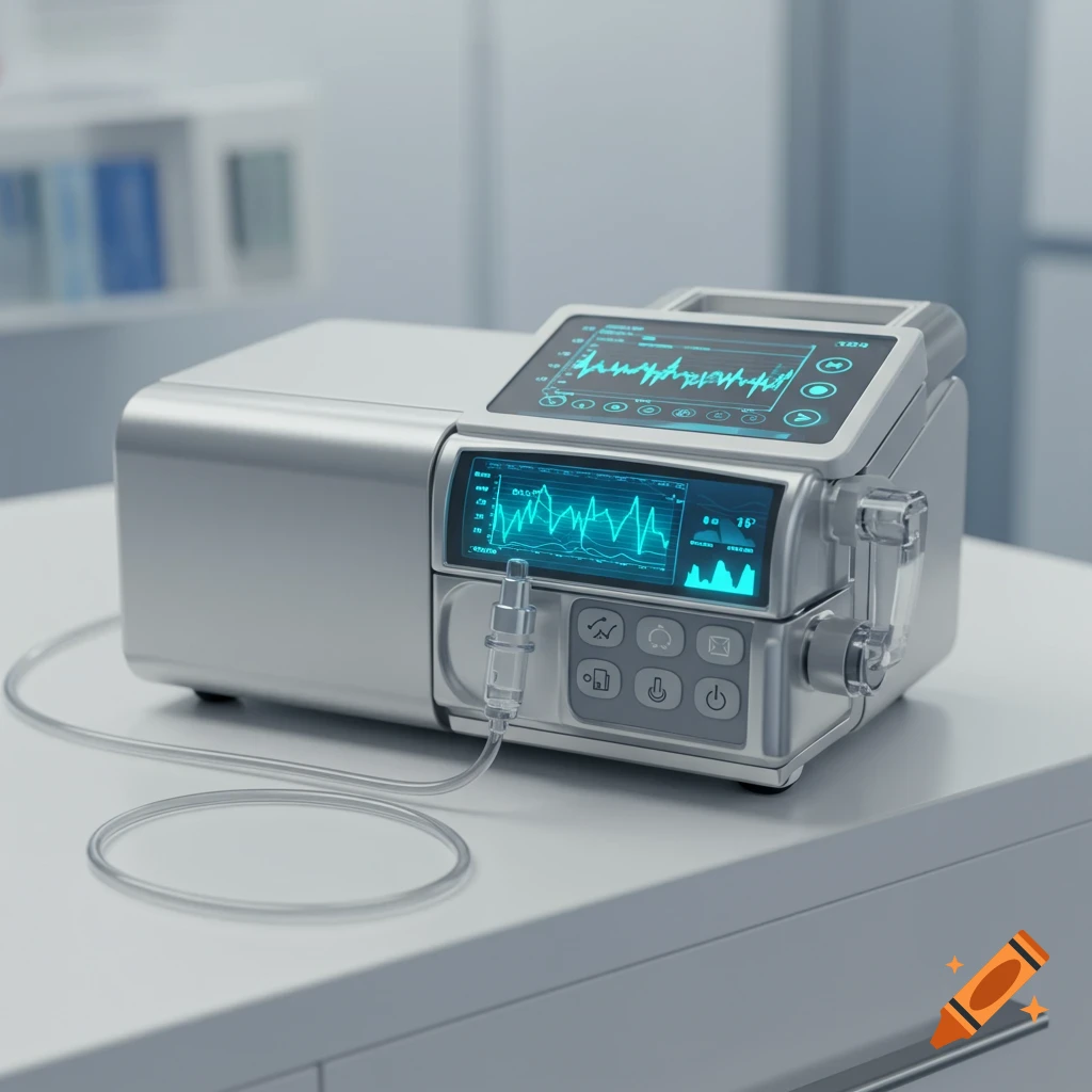 A photorealistic image of a silver medical IV pump with glowing blue ...