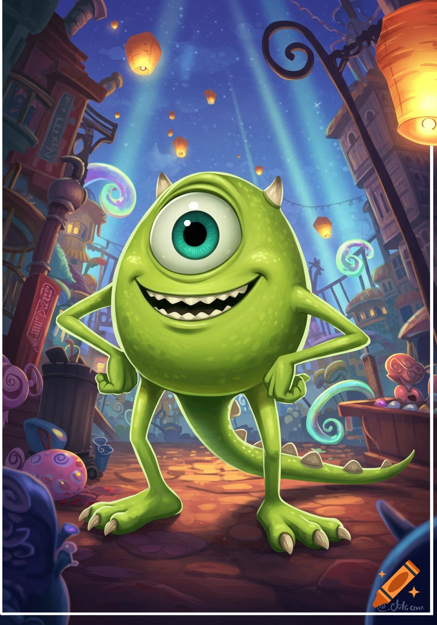 Mike Wazowski, with a slight hump, teaches a class of diverse, colorful ...