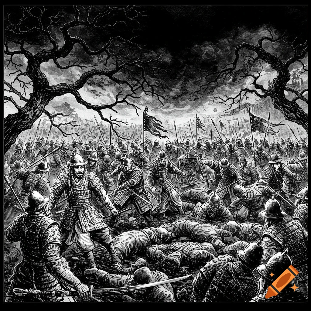 Black and white pencil sketch of a German WW1 infantry attack on Craiyon