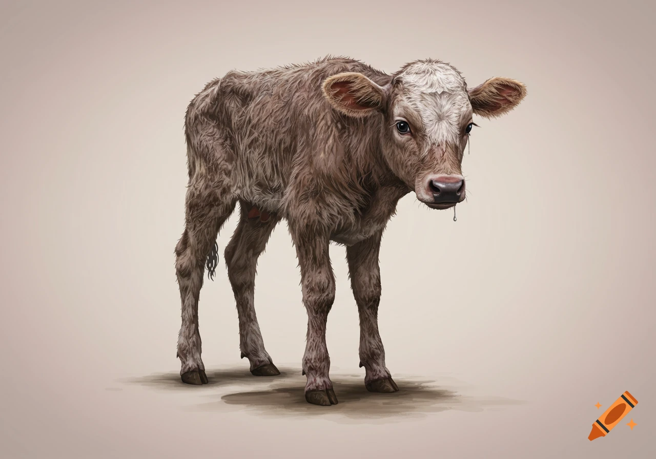 A sickly brown calf with a white face stands on a plain background ...
