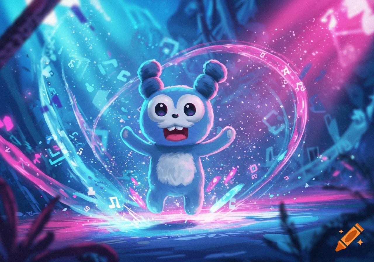 A cute blue cartoon creature with big eyes and a white chest stands ...