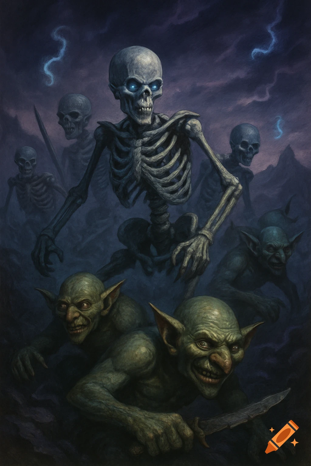 Dark fantasy illustration of a large skeleton with glowing blue eyes ...