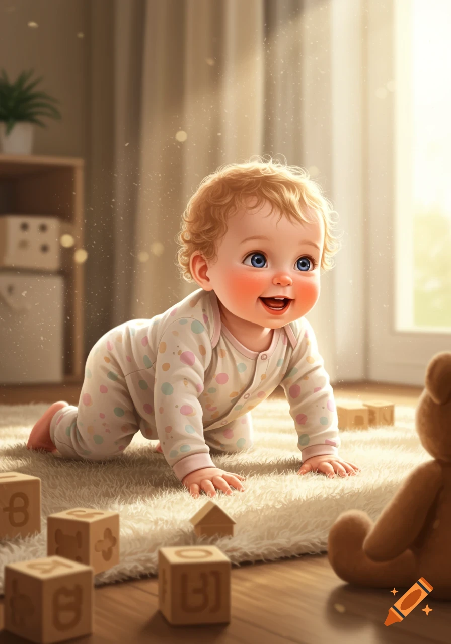 A sleeping baby on a mossy path in a deep forest with sun rays, in a ...