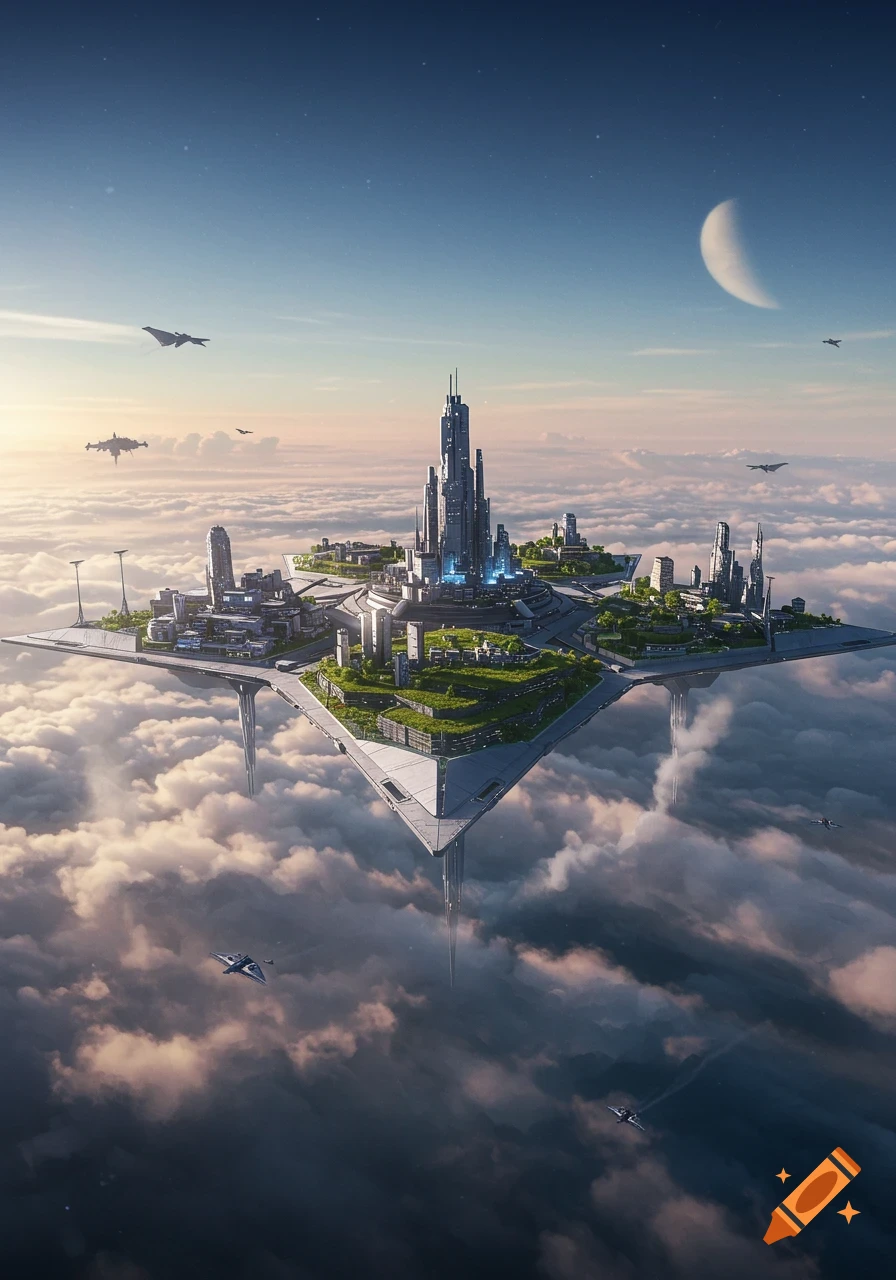 A vast, star-shaped futuristic city floats above clouds, with a ...