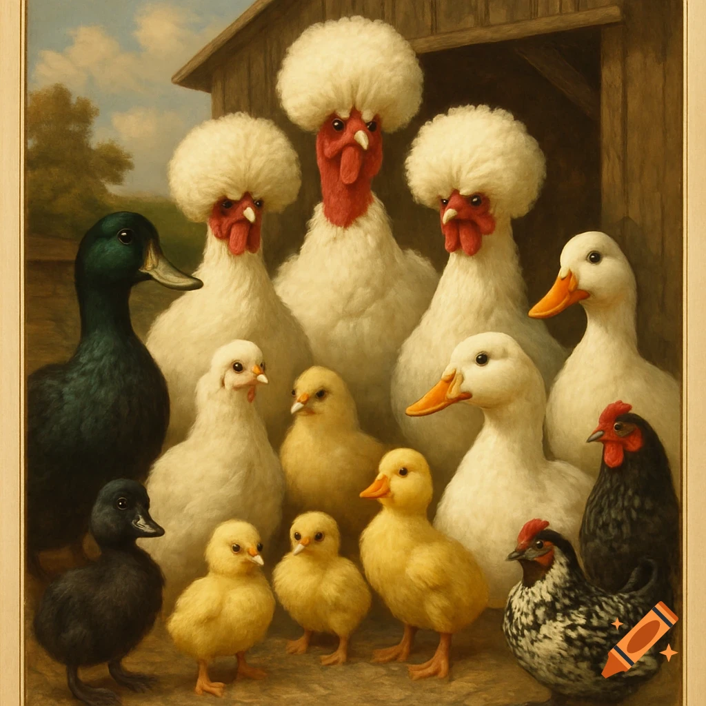 Four white geese in green military hats and gold epaulets stand on ...