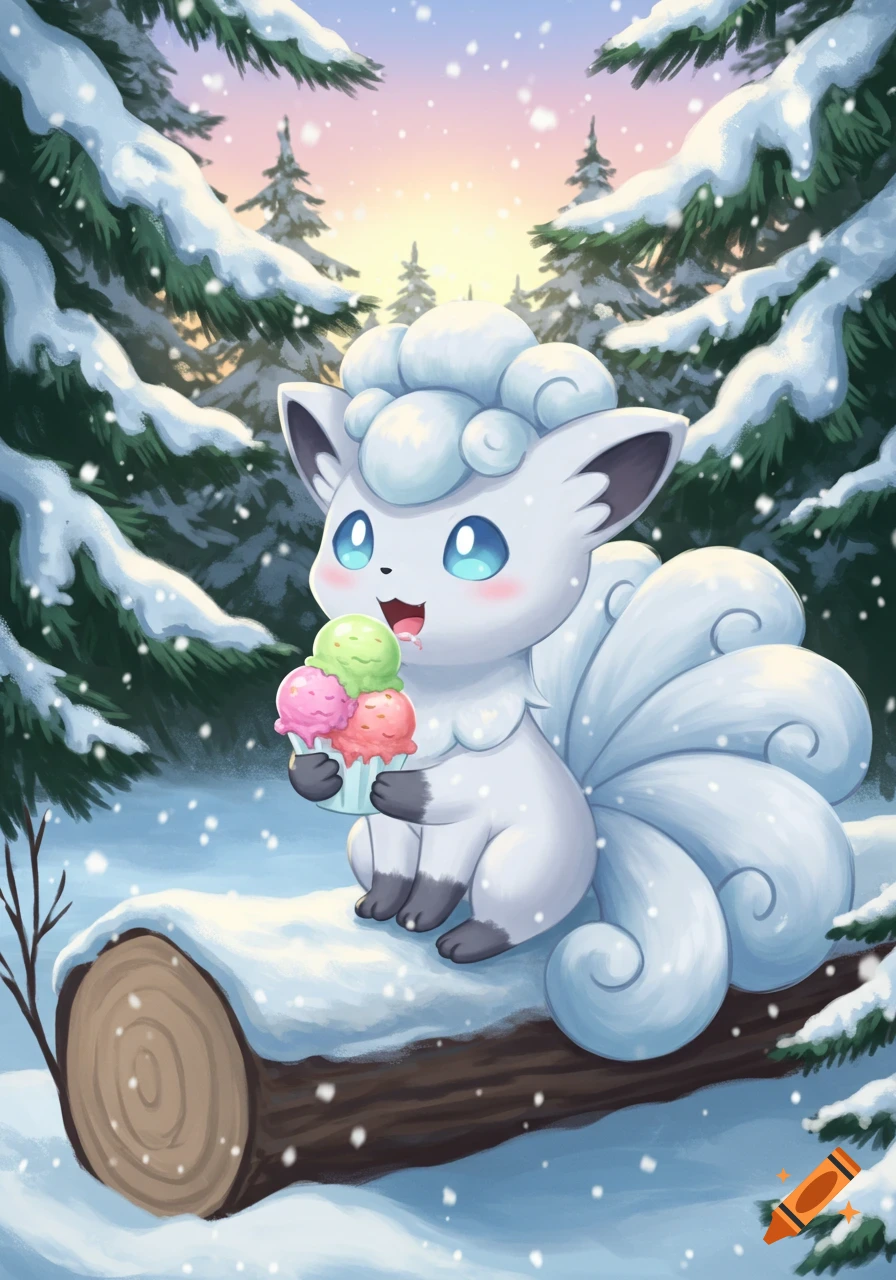 Kawaii Alolan Vulpix happily eating ice cream in a snowy forest during ...
