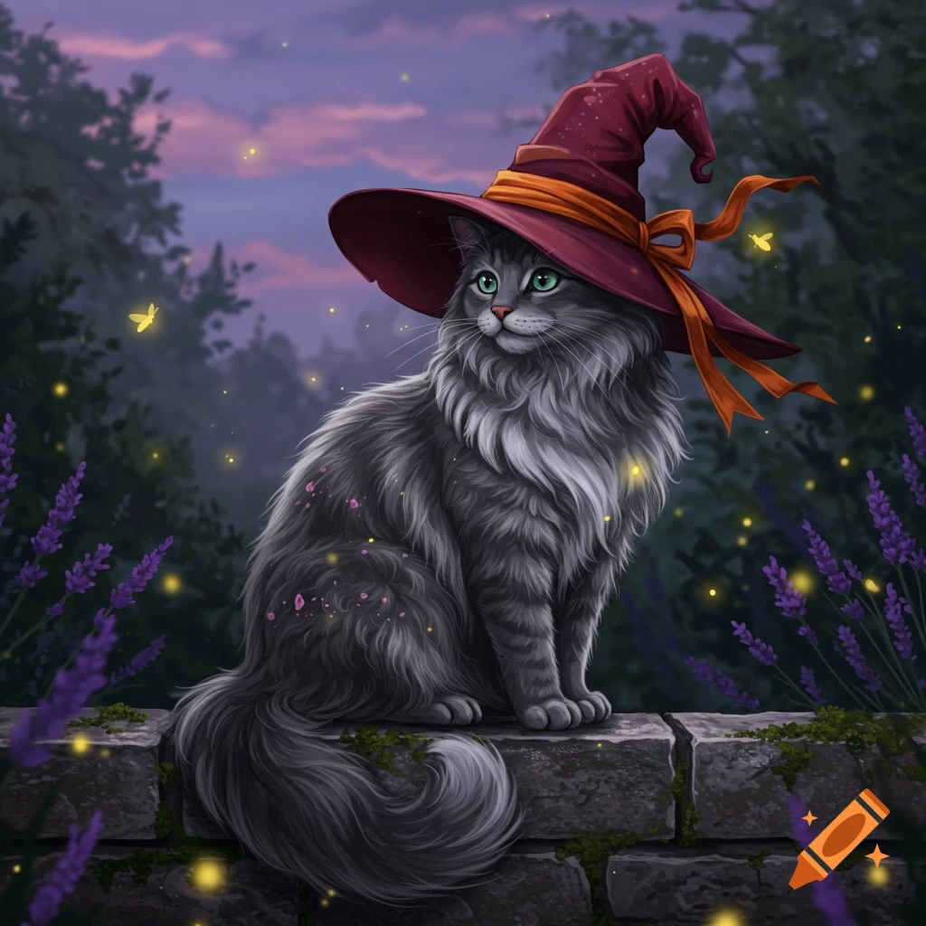A fluffy gray cat wearing a red witch hat sits on a stone wall at dusk, surrounded by lavender ...